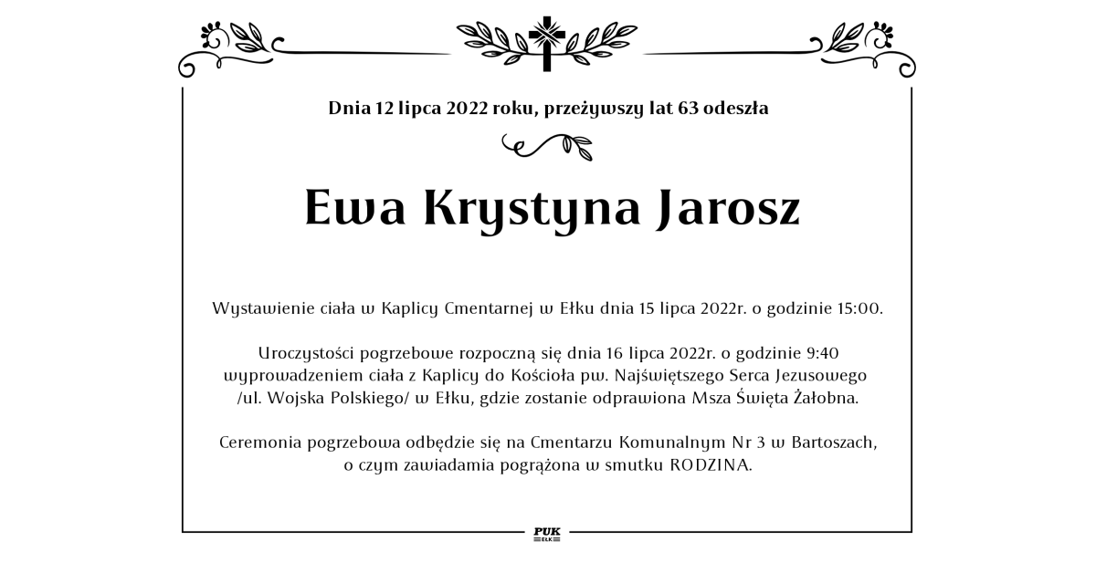 Ewa Krystyna Jarosz - nekrolog i kondolencje | Zakład Usług Pogrzebowych | P.U.K. EŁK